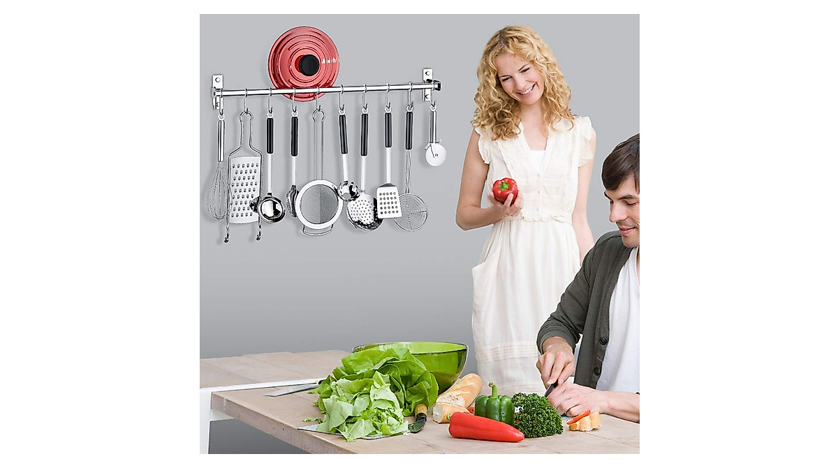 Ninonly Stainless Steel Kitchen Utensil Rack with 10 Moveable Hooks