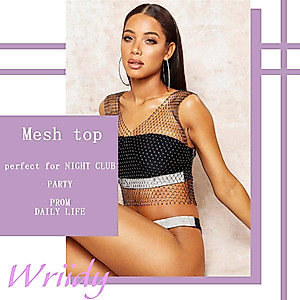 Wriidy Mesh Tank Top White Crystal Diamond Out See Through Crop Tops Black Sparkly Rhinestone Body Chain Accessories Jewelry for Women and Girls