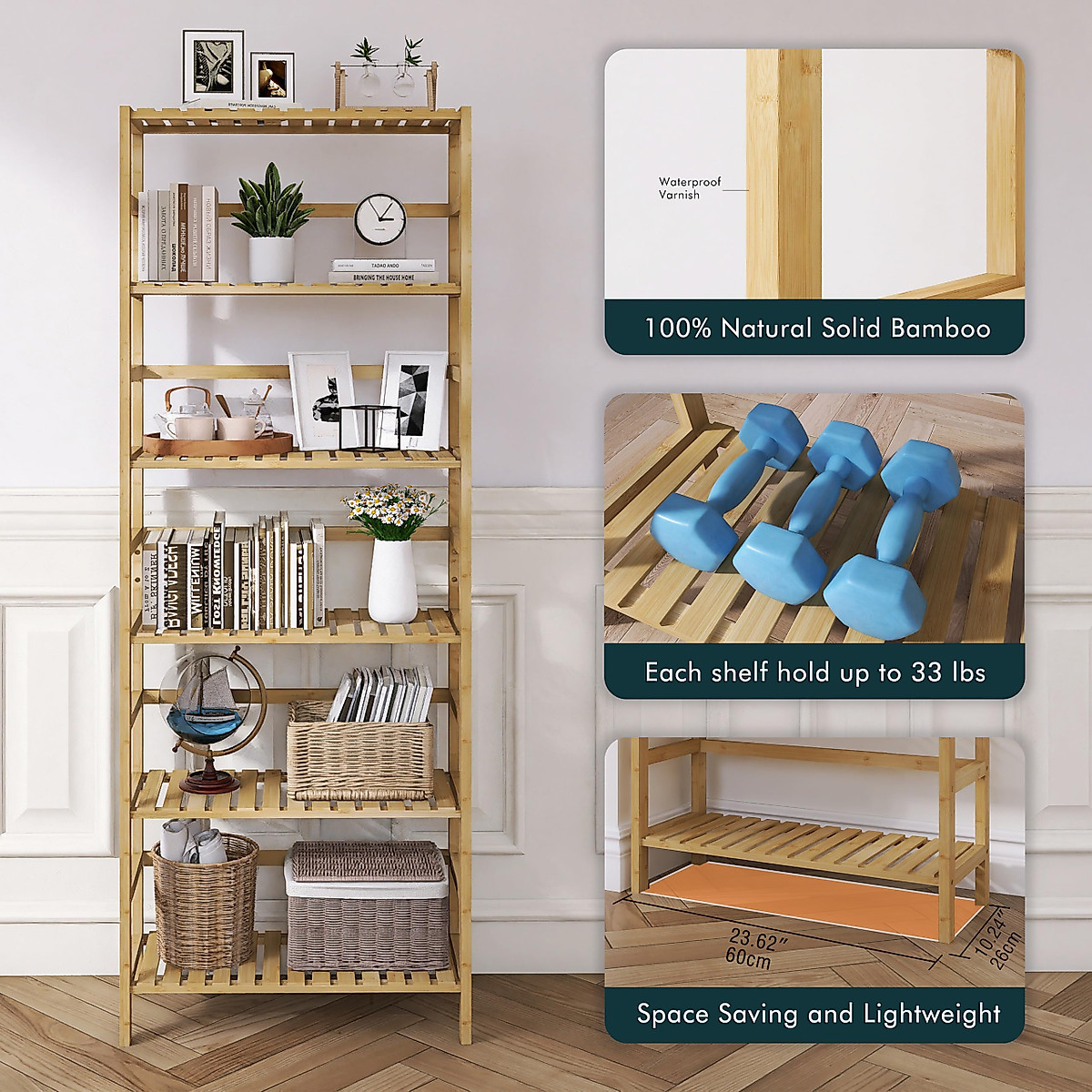 HITNET Bamboo Shelf, 6-Tier Adjustable Tall Open Bookcase, Bathroom Storage Rack Freestanding Shelving Unit, Plant Display Stand for Small Space, Natural