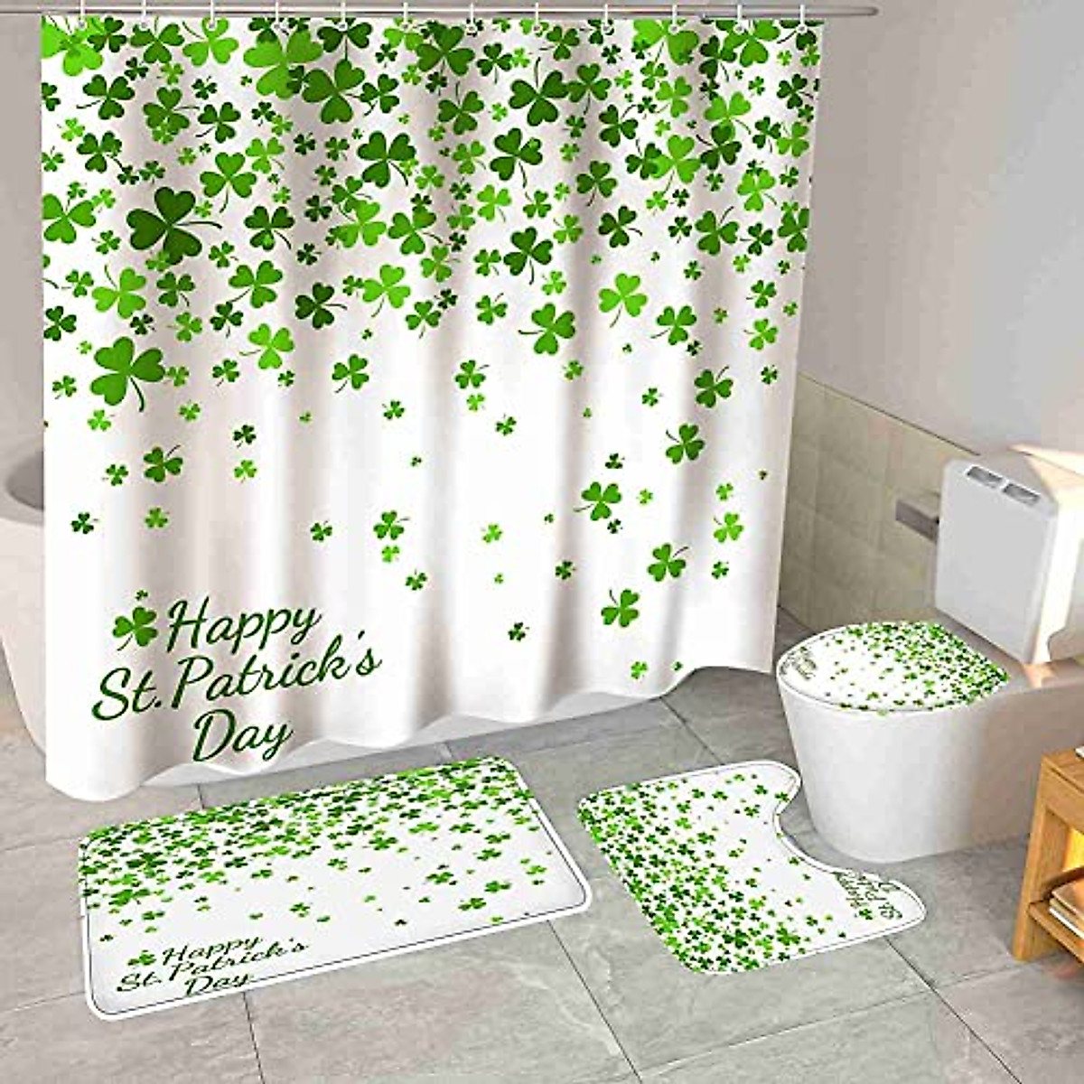 4 Pcs St. Patrick's Day Shower Curtain Sets with Rugs, Irish Gnomes Green Shamrocks Buffalo Plaid Truck Waterproof Shower Curtains for Bathroom with Hooks, Spring Holiday Home Bath Bathtub Decor
