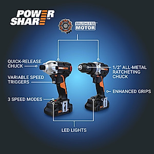 Worx Nitro 20V Impact Driver and Drill Driver with Brushless Motor, Drill Set with Storage Bag, Compact Drill and Driver Combo, Power Share Compatible WX960L – Batteries & Charger Included