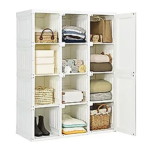 Tangkula Portable Wardrobe Closet, Foldable Clothes Organizer w/Cubby Storage, Hanging Rods, Magnet Doors, Safe Material, Easy Assemble Clothing Storage, Folding Bedroom Armoire (12 Cubbies)