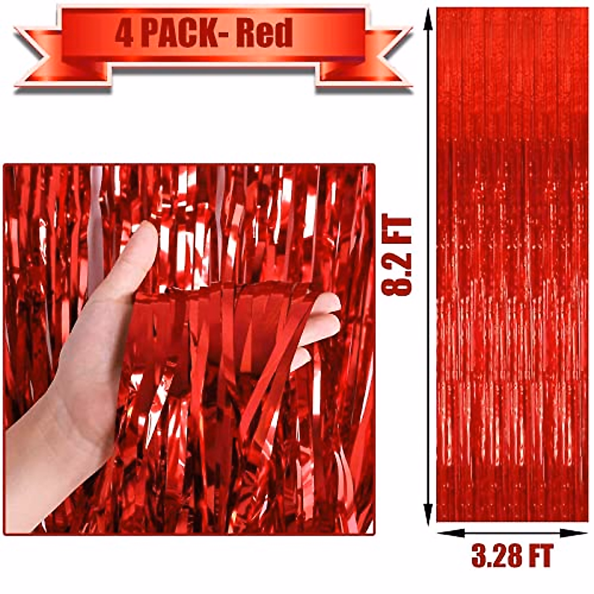 HalloweenDecorate 4 Pack Red Foil Fringe Curtain Backdrop, 3.28Ft x 8.2Ft Metallic Tinsel Foil Fringe Streamer for Party, Photo Booth Props, Birthday, 2022 Mother's Day Decoration Party Supplies