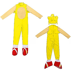 CEMDER Halloween Kids Deluxe Super Sonic Costume Cosplay Cartoon Yellow Suit Onesie Outfit Jumpsuit For Boys