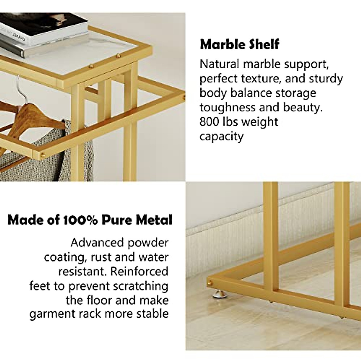 FUSHIAIPTC 59” Gold Clothing Rack, with Natural Marble and 3 Rods Garment Clothes Racks for Hanging Clothes, Organizer Closet for Hanging Clothing Coats Skirts Shirts Sweaters