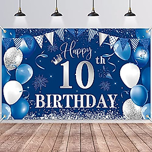 10th Birthday Banner Backdrop,BTZO Happy 10th Birthday Decorations,Blue Silver Fabric Photo Backdrop Background for Boys and Girls 10th Birthday Party,70.8 x 43.3Inch