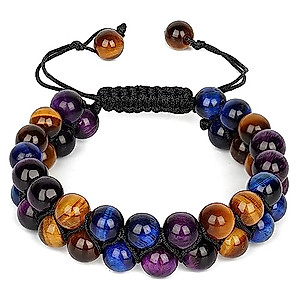 KOPHINYE Blue Tiger Eye Bracelet, Triple Protection Bracelet for Men Women, Handmade Bracelet 8mm Bead, Purple Tiger Eye Bracelet Bring Health, Luck and Prosperity