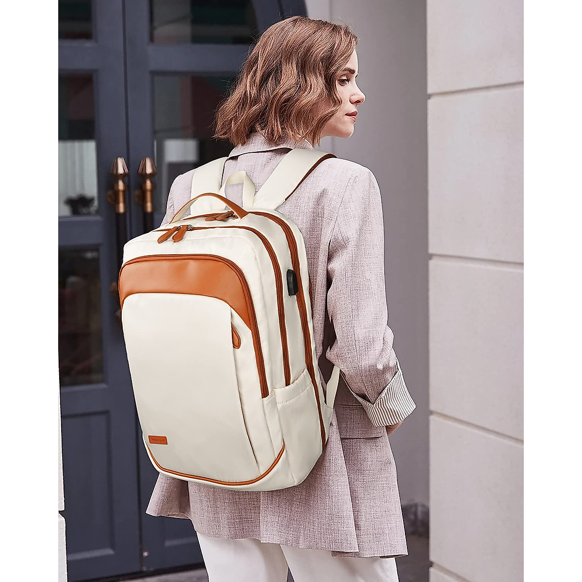 17 inch Travel Laptop Backpack for Women, TSA Friendly 40L Large Computer Backpack with USB Charging Port, Anti Theft Business Backpack Waterproof Carry on Daypack School College Bookbag, Beige