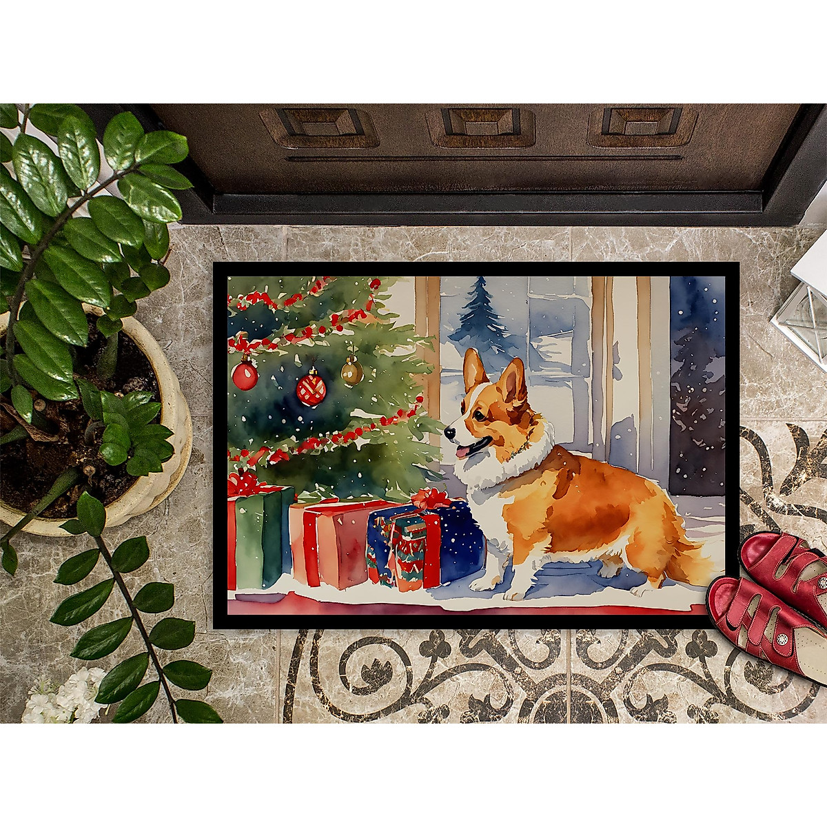 Caroline's Treasures DAC2638JMAT Corgi Cozy Christmas Doormat Front Door Mat Indoor Outdoor Rugs for Entryway, Non Slip Washable Low Pile, 24H X 36W