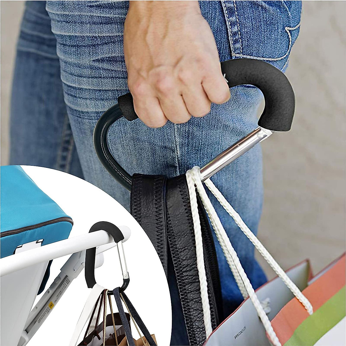Stroller Hooks, Stroller Accessories Organizer Clip for Diaper Bags, 360-Degree Rotating Mommy Hook Holder for Stroller Bag, Shopping Cart, Grocery Bag with Stroller Wrist Strap Handle, Pack of 6