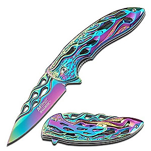 kim eshop MTECH Ballistic Rainbow Skeletonized Flame Blade Spring Assisted Opening Knife!!