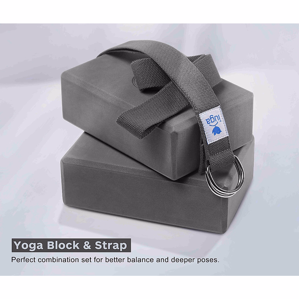 IUGA Yoga Block 2 Pack with Yoga Strap, High Density Yoga Blocks 9”x6”x3”to Improve Strength, Flexibility and Balance, Light Weight and Non-Slip Surface for Yoga, Pilates and Meditation