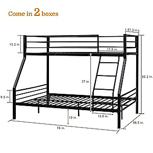 Bonnlo Twin Over Full Bunk Bed, Bunk Beds for Kids/Adults/Teens Bunk Bed with Stairs & Flat Rungs, Heavy Duty Metal Slat, No Box Spring Needed, Black