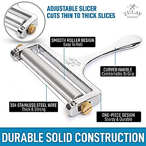 Zulay Cheese Slicer With Adjustable Thickness - Wire Cheese Slicer For Mozzarella Cheese, Cheddar Cheese, Gouda Cheese - Cheese Slicers For Block Cheese Heavy Duty With 2 Extra Wires (Silver)
