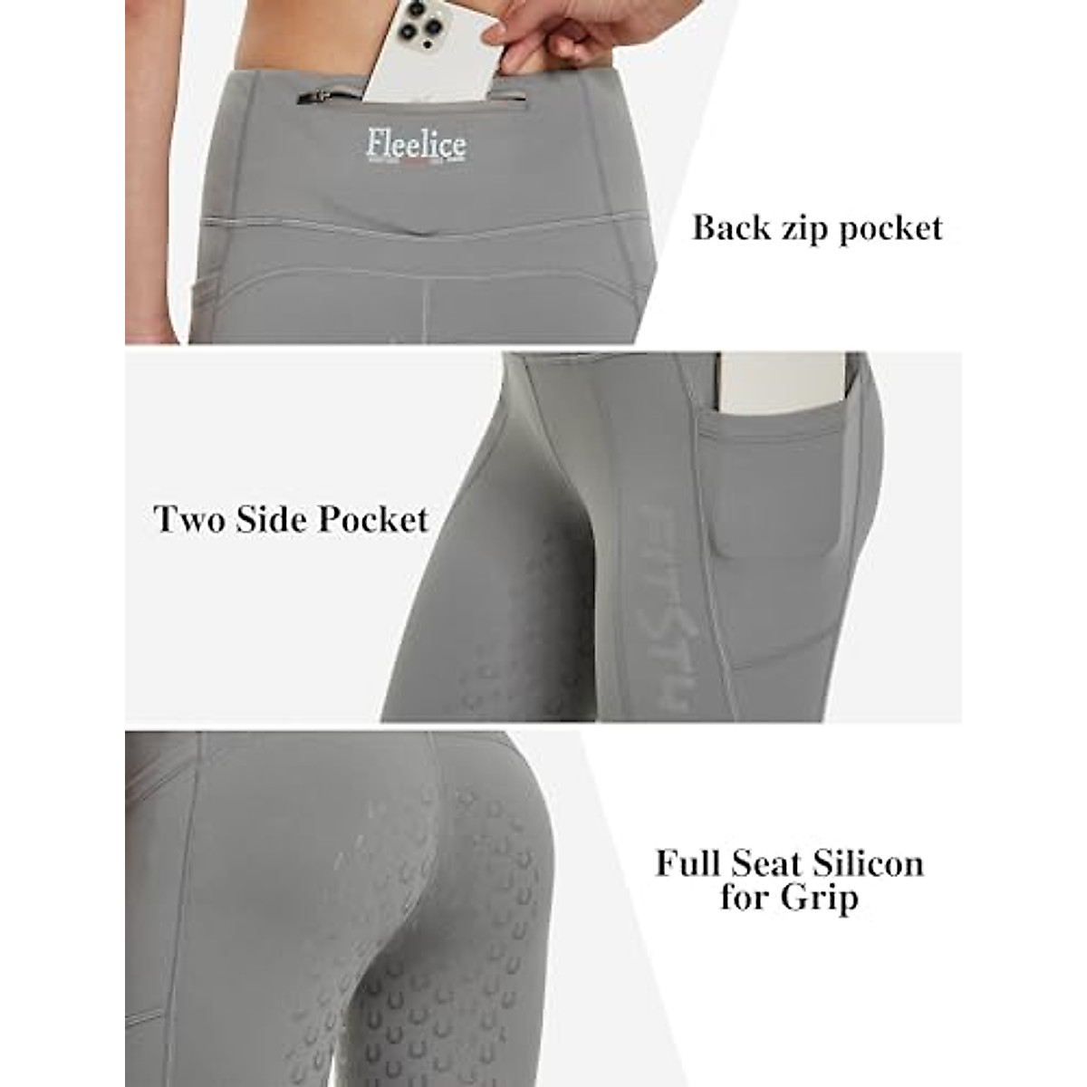 FitsT4 Sports Women's Winter Full Seat Riding Tights Fleece Lined Horse Riding Pants Silicon Grip Horseback Equestrian Breeches Pockets Grey Size M
