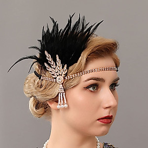 Aukmla 1920s Flapper Feather Headband Leaf Rhinestones Headpiece Pearl Headdress Hair Accessories for Women and Girls