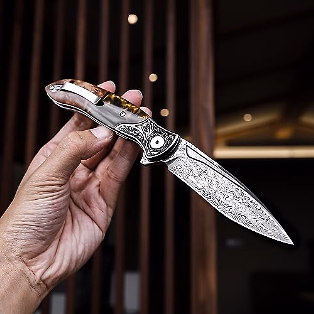 TRIVISA Damascus Folding Knife for Men,3.6'' Hand Forged 110 Layers Steel Hunting Blade,Resin and Wood Handle with Pocket Clip,Virgo-07Y