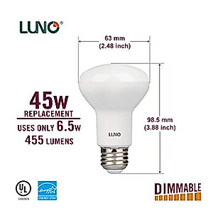 LUNO R20 Dimmable LED Bulb, 6.5W (45W Equivalent), 455 Lumens, 2700K (Soft White), Medium Base (E26), UL Listed (4-Pack)