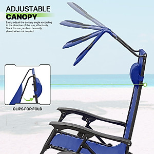 Magshion Oversized Zero Gravity Chairs Set of 2 with Canopy, Foldable Patio Recliner with Foot Rest, 29-Inch, Blue