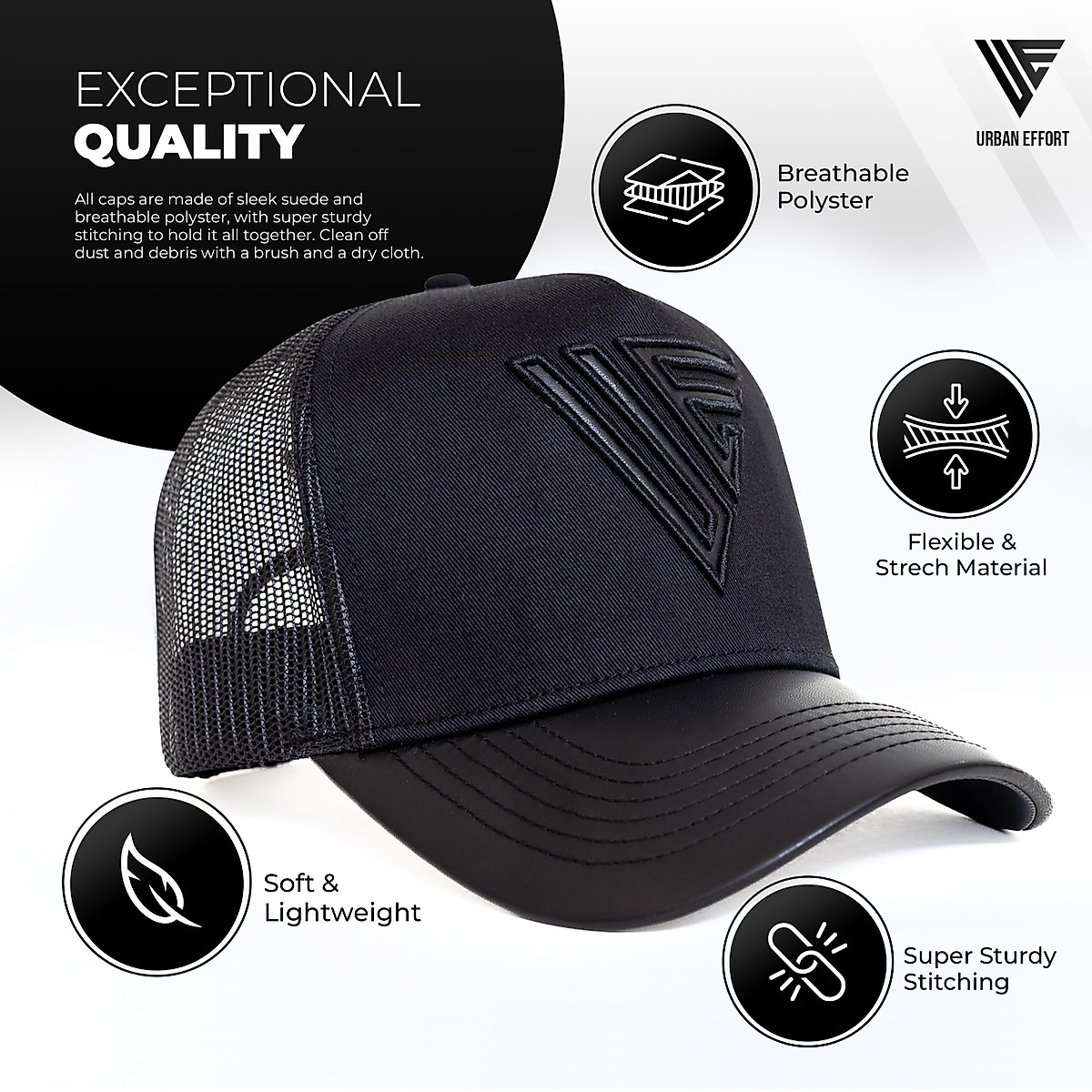 Urban Effort Mesh Back Cap - for Men Baseball Hat 5-Panel Trucker Hat Snapback Closure for Outdoors (Trucker Hat, Black)