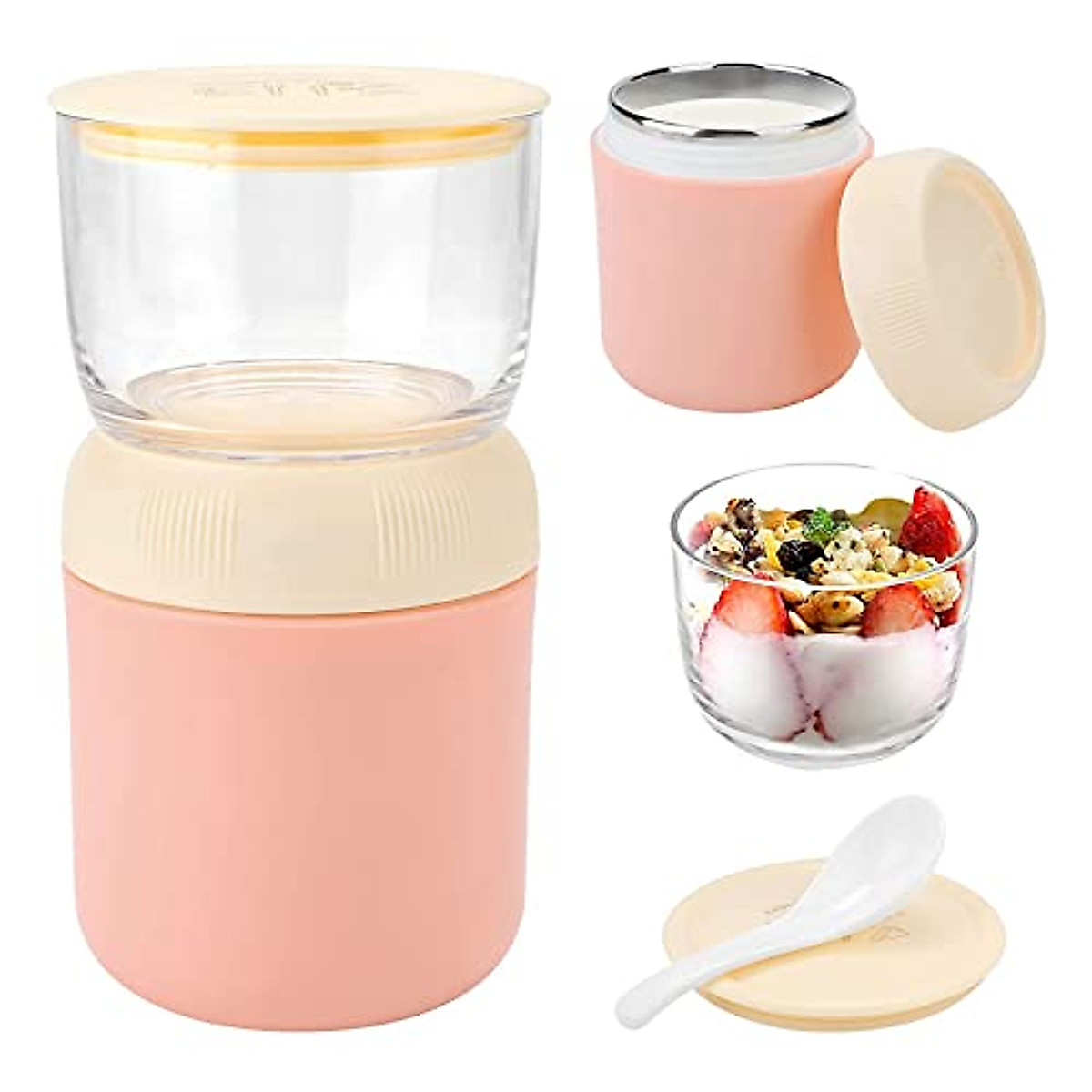 Gralara Lunch Pot Yogurt Container 2 Tier Spoon Portable Detachable Stainless Steel for Milk Salad Soup Yogurt Adults, Pink