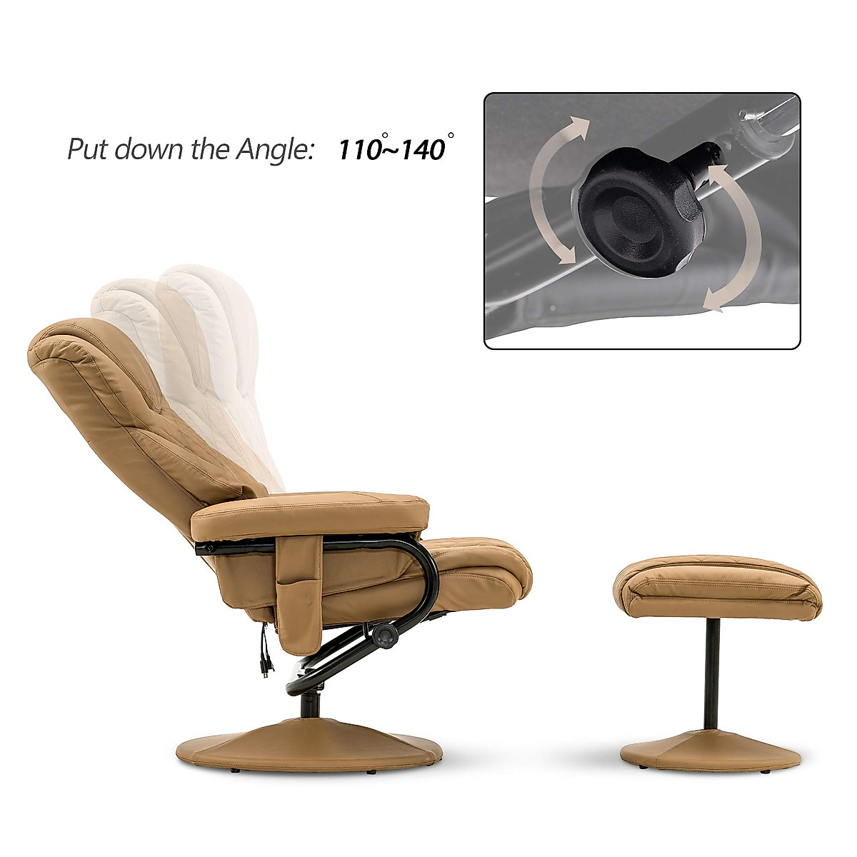 MCombo Recliner with Ottoman, Reclining Chair with Massage, 360 Swivel Living Room Chair Faux Leather, 4901 (Cognac)