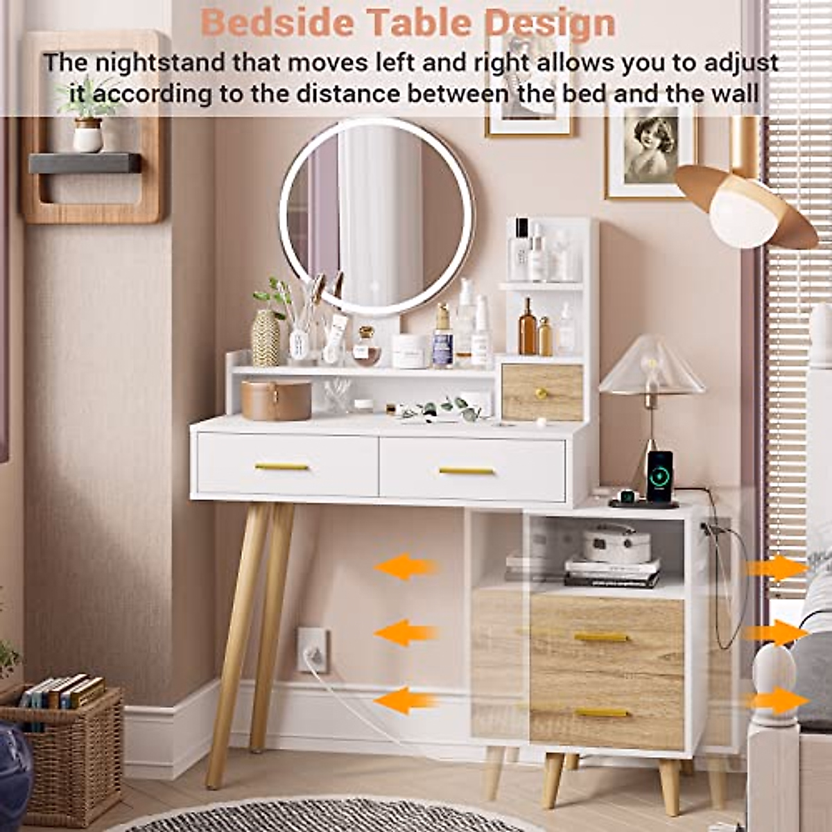 BTHFST Vanity Desk with Mirror, Lights, and Charging Station of 2 USB Ports, Outlets, Table with Drawers, Shelves, and Nightstand.
