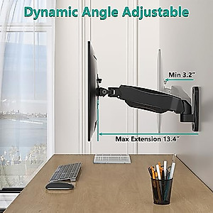 WALI Monitor Wall Mount 27+ inch, Wall Mount Monitor Arm Fits 1 Screen up to 32 inch, Single Monitor Mount Holds up to 19.8lbs, Gas Spring Monitor Arm Max Extension 13.4 inch,(GSWM001S), Black