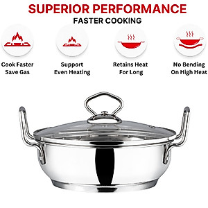 Vinod Cookware Induction Friendly Kadai With Lid Silver 3.4 Litres, Stainless Steel, IKD 24