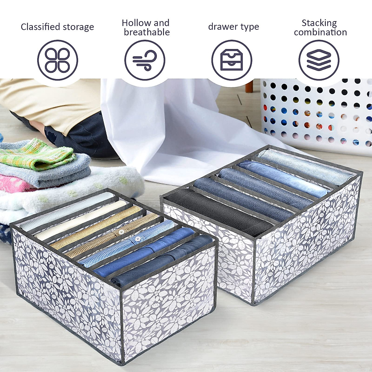 2PCS Wardrobe Clothes Organizer for Folded Clothes, Mesh Drawer Dividers and Storage, Drawer Organizer for Clothes, Jeans, Leggings, Skirts, T-shirts, Sweaters, Socks, Scarves(Large 7Girds)