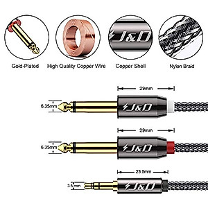 J&D 3.5mm 1/8 inch TRS Male to Dual 6.35mm 1/4 inch TS Male Mono Stereo Y-Cable Splitter for Amplifiers/Mixer Audio Recorder, Zinc Alloy Housing, Nylon Braid, Gold Plated Copper Shell, 25 Feet