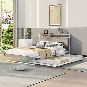 SOFTSEA Queen Size Metal Platform Bed Frame with Trundle, Metal Bed Frame with USB Ports, Queen Trundle Bed with Storage Headboard Metal Panel Bed with Shelf for Bedroom Guestroom, White