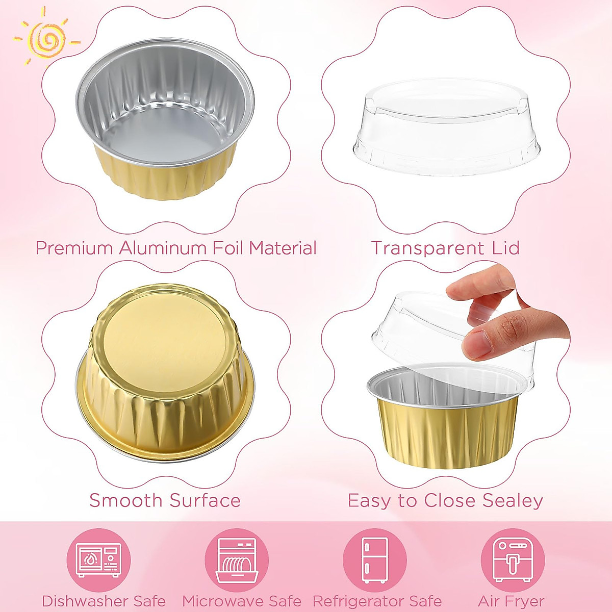 Dandat 300 Pack Aluminum Foil Cup with Lid Baking Cake Pan 5oz Disposable Ramekin Cupcake Liners Dessert Cups Mini Muffin Liner Cake Containers Flan Molds Tin for Valentine's Day Wedding Birthday