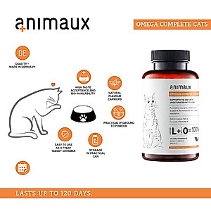 animaux - Omega Complete for Cats Fish Oil Tablets, Omega 3,6 & 9 Fatty acids to Support Metabolism, Bone Structure, Barf Supplement, Salmon Oil for Skin & Coat, 120 chewable Tablets, 120 Days Supply