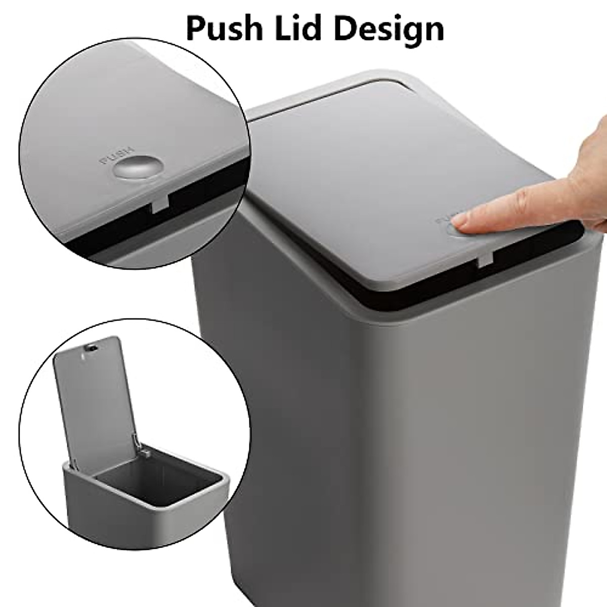 Fasmov Trash Can, 2 Pack 15 Liter / 4 Gallon Plastic Garbage Container Bin with Press Top Lid, Waste Basket for Kitchen, Bathroom, Living Room, Office, Narrow Place (Gray + Black)