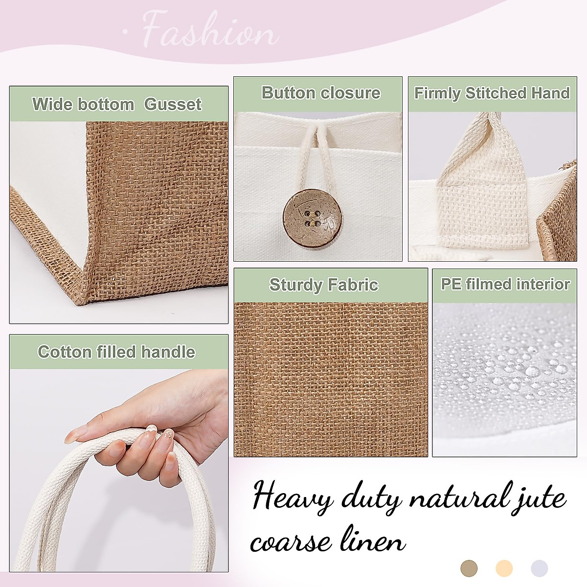 VeyFolzin.st Jute Burlap Totes Bags, Reusable Waterproof Tote Shopping Bag Blank DIY Canvas Gift Bag with Button & Ribbons (B)