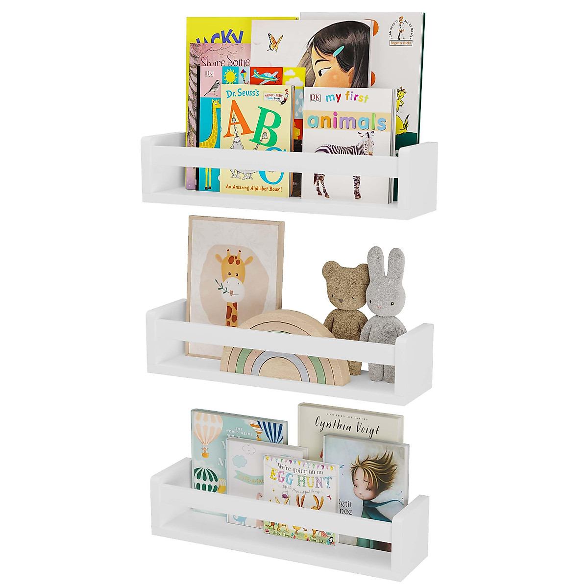 You Have Space Unge Nursery Book Shelves, Wall Bookshelf for Kids, Wood Floating Shelves for Kids Room, Set of 3, White
