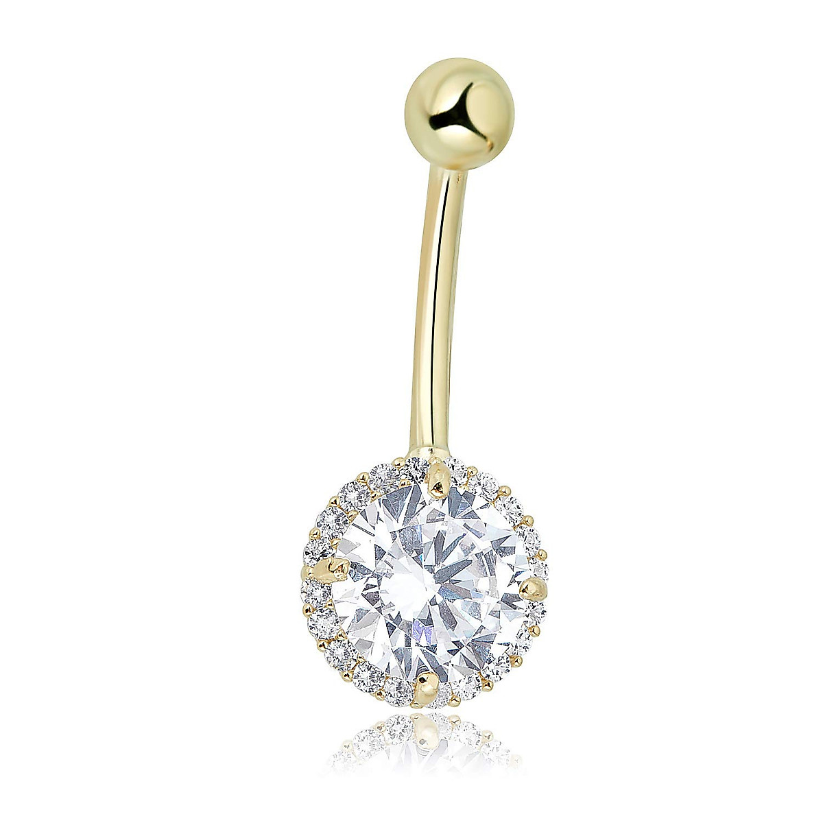 AVORA 10K Yellow Gold 8mm Simulated Diamond CZ Halo Belly Button Ring Body Jewelry (14 Gauge)