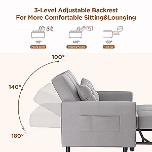 Noelse 3-in-1 Convertible Sofa Bed, Sleeper Chair Bed Pull Out Chair Bed, Sofa Bed with Adjustable Backrest, Single Sleeper Sofa Comfy Chair for Living Room Apartment (Light Gray)