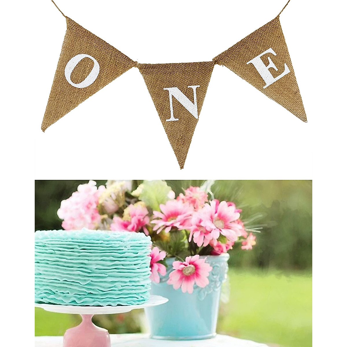 Shimmer Anna Shine First Birthday Banner ONE High Chair for Baby Boy and Girl and Anniversary Party Cake Decorations Flag Burlap (White Print)