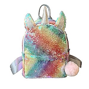 Shiny Unicorn Backpack for Girls, Rainbow Casual backpack with Sequin
