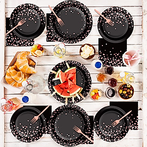 96PCS Black and Rose Gold Party Supplies Rose Gold Paper Plates Napkins Women Birthday Decorations Party Tableware Set Black Disposable Paper Plates Table Decors for Wedding Bridal Shower Serve 24