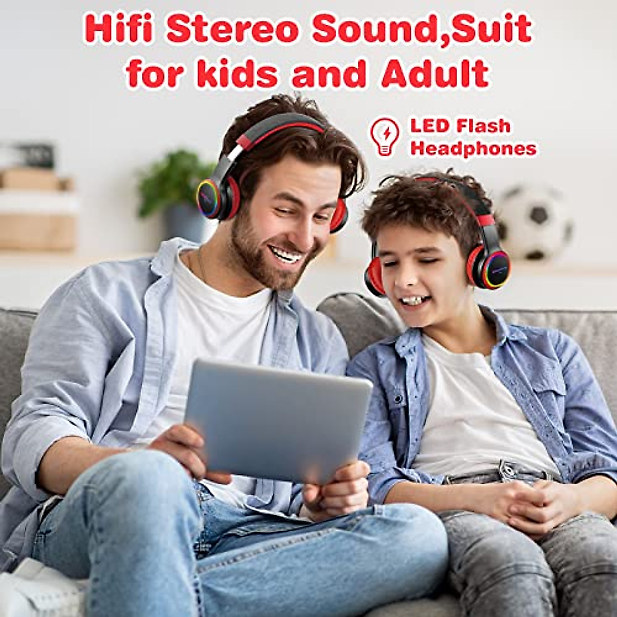 Woice Kids Blutooth Headphones with mic, Colorful LED Lights, Stereo Sound, Bluetooth5.0, Foldable On-Ear Children Wireless/Wired Headphones Fit for Kids Teens Adults (Black&Red)