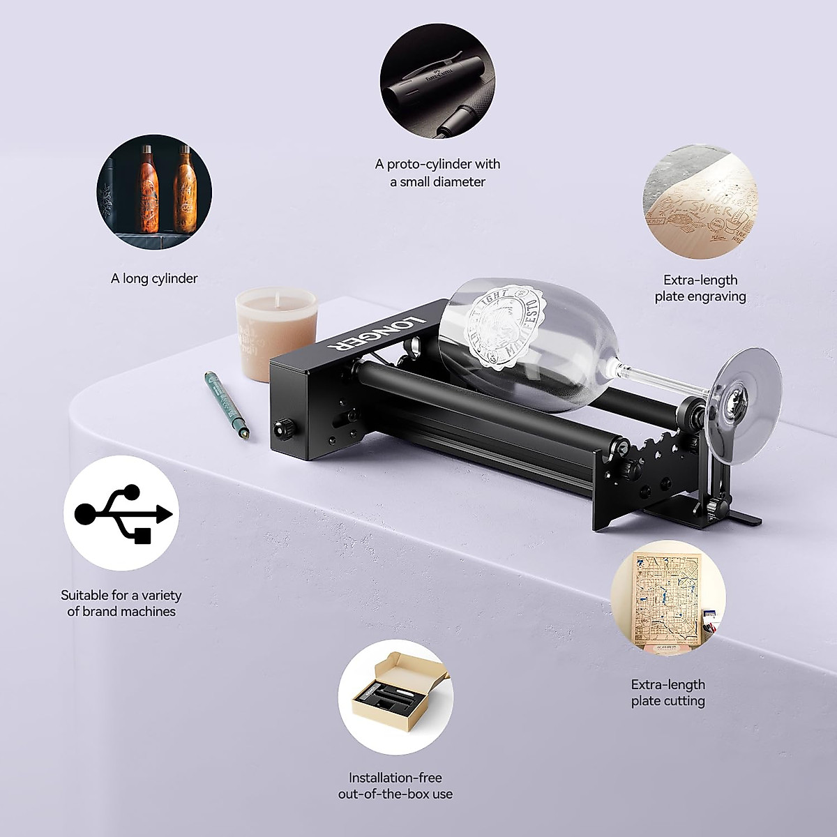 Longer Laser Engraver Rotary Roller with Bracket, Y-Axis Rotary Roller 360° Rotation for Laser Engraver Engraving Cylindrical Objects Tumblers Cans Cups Bottles, Compatible with 99% of Laser Engraver