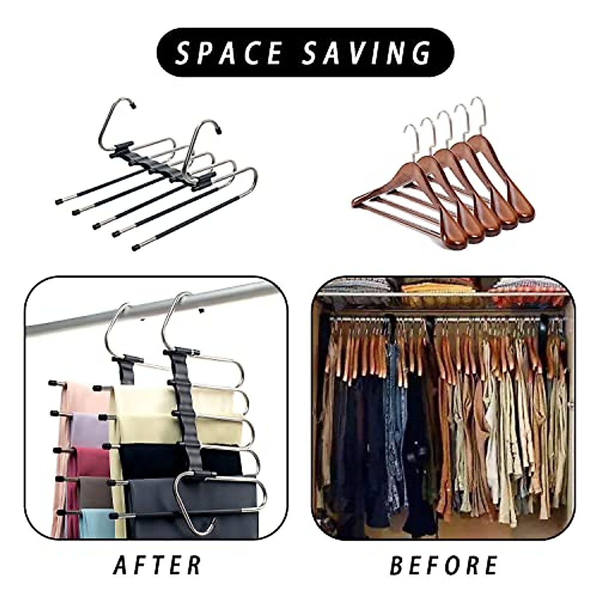 Closet Organizers and Storage, Magic Pants Hangers for Space Saving, Pant Hanger Rack Organizer Use for Scarf Jean Skirt ( 2-Pack with 10 Stainless Steel Clips ) (Black)