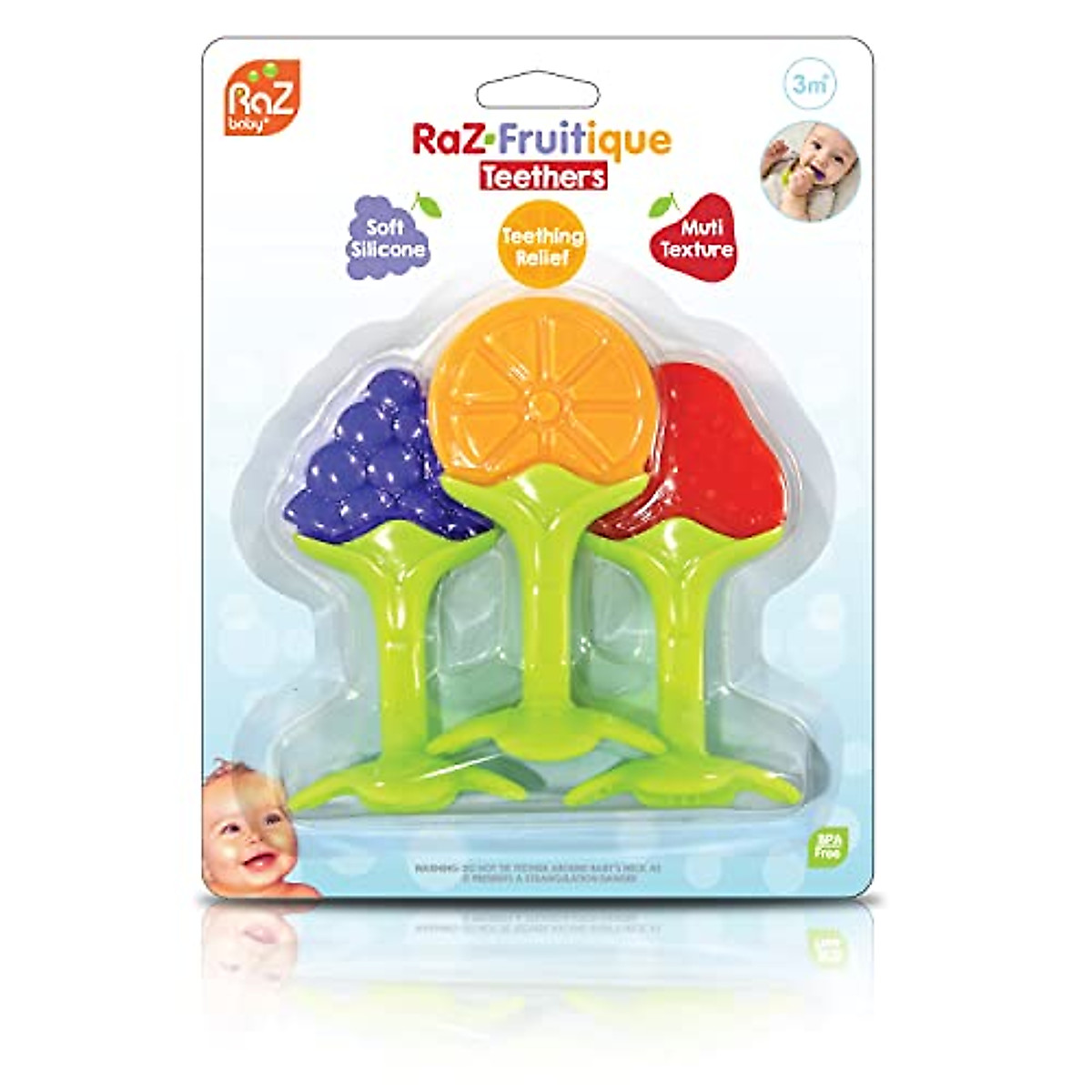 RaZbaby Infant & Baby Massager & Teether Toy 3-Pack, Fruit-Shaped Multi-Texture Teethers Soothe Sore Gums, Non-Toxic BPA-Free Food-Grade Silicone, Hands-Free & Easy to Hold, Safe to Freeze, 3M+