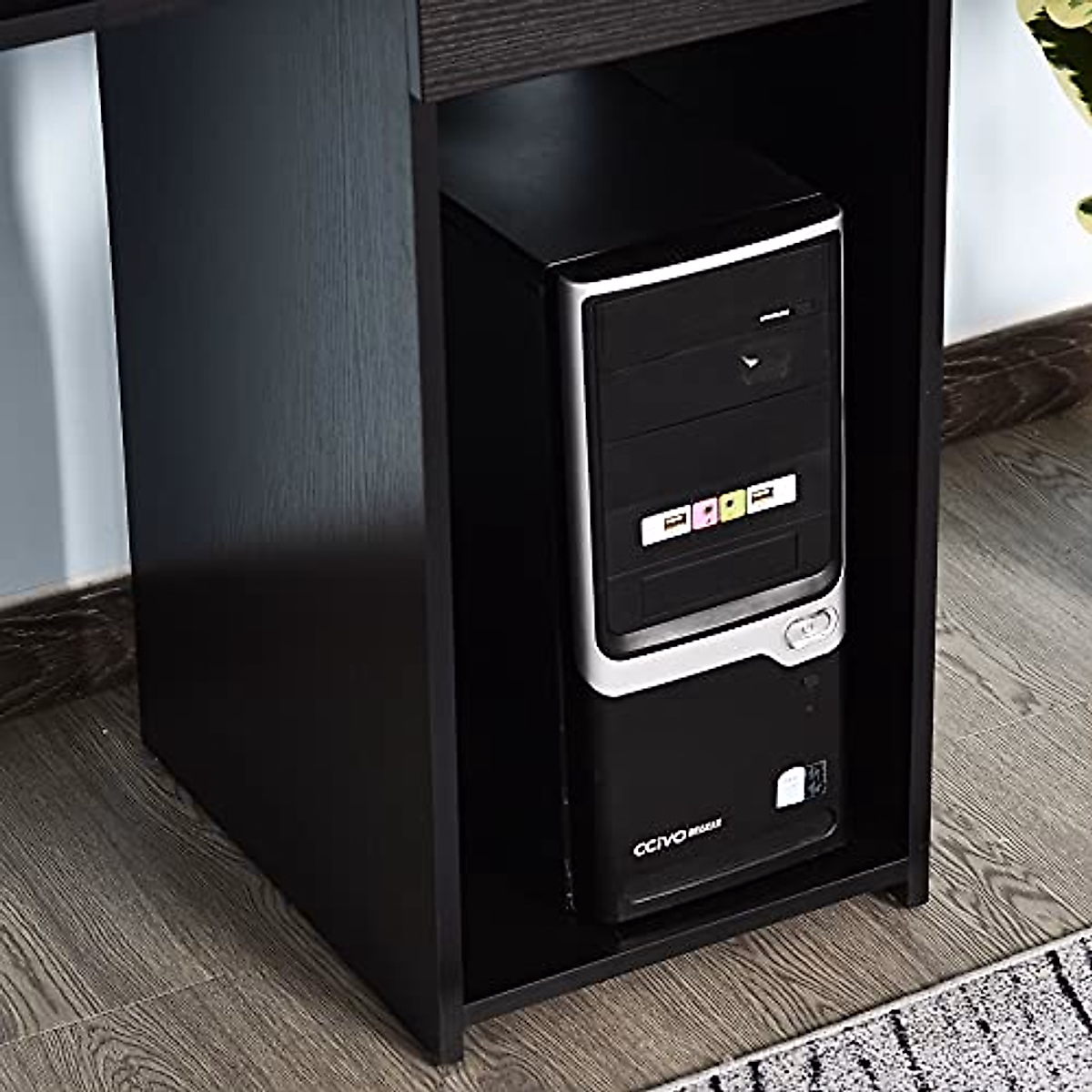 HOMCOM Computer Desk with Sliding Keyboard & Storage Shelves, Cabinet and Drawer, Home Office Gaming Table Workstation, Black Wood Grain