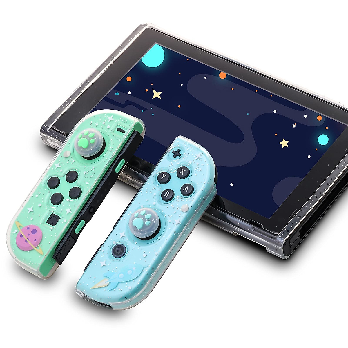 ECHZOVE Switch Glitter Case, Switch Cute Case with Tempered Glass Screen Protector and Thumb Grip Caps - Rocket