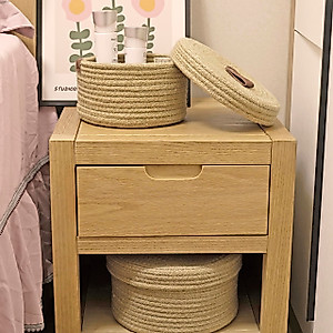Aplolemo Jute Rope Basket with Lid,Decorative Woven Baskets with Lids,Leather Design Lidded Round Basket,Small Basket with lid,Storage Baskets with Lids-Set of 2（10"x6"/8.5"x5"）