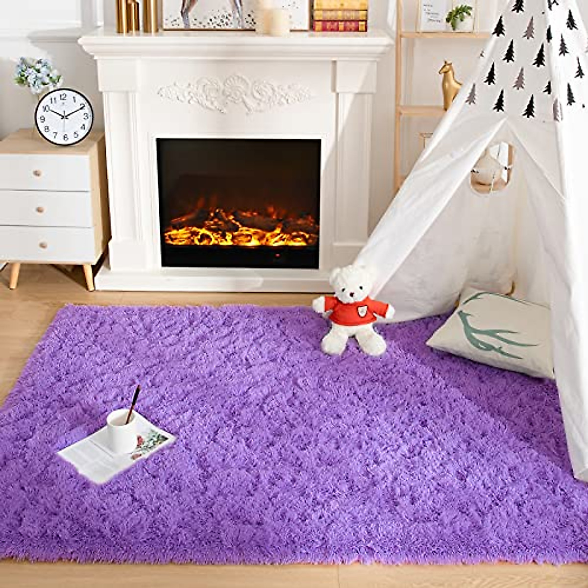 Terrug Super Soft Shaggy Fluffy Rugs for Kids Room, Home Decor Area Rugs 4x6 Feet for Bedroom, Cute Plush Rugs for Girls Bedroom Dorm, Non-Slip Carpet for Living Room (4X6 Feet, Purple)